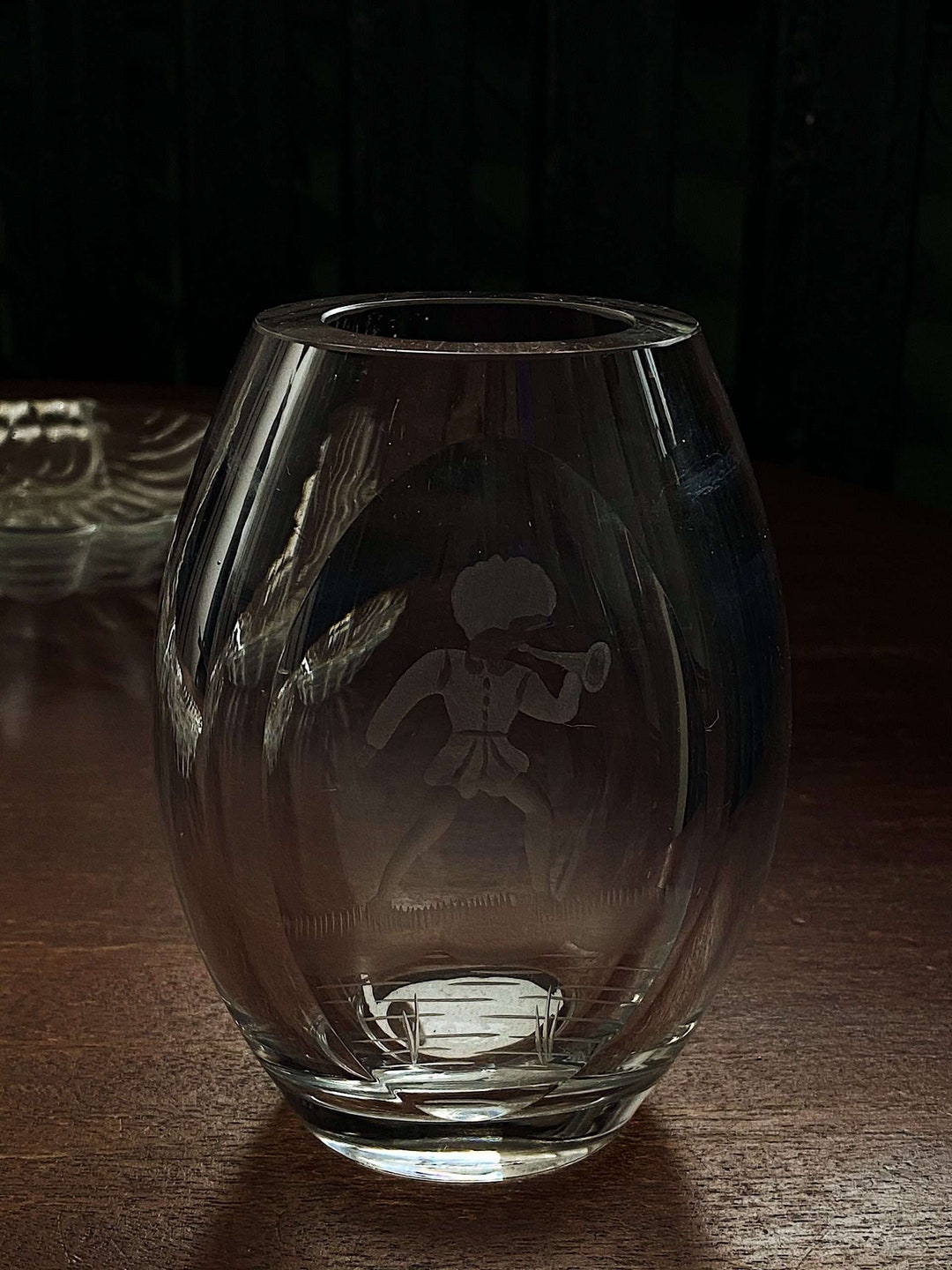 Vintage 40s Post-war Etched Glass Swedish Vase / Man With Trumpet From ...
