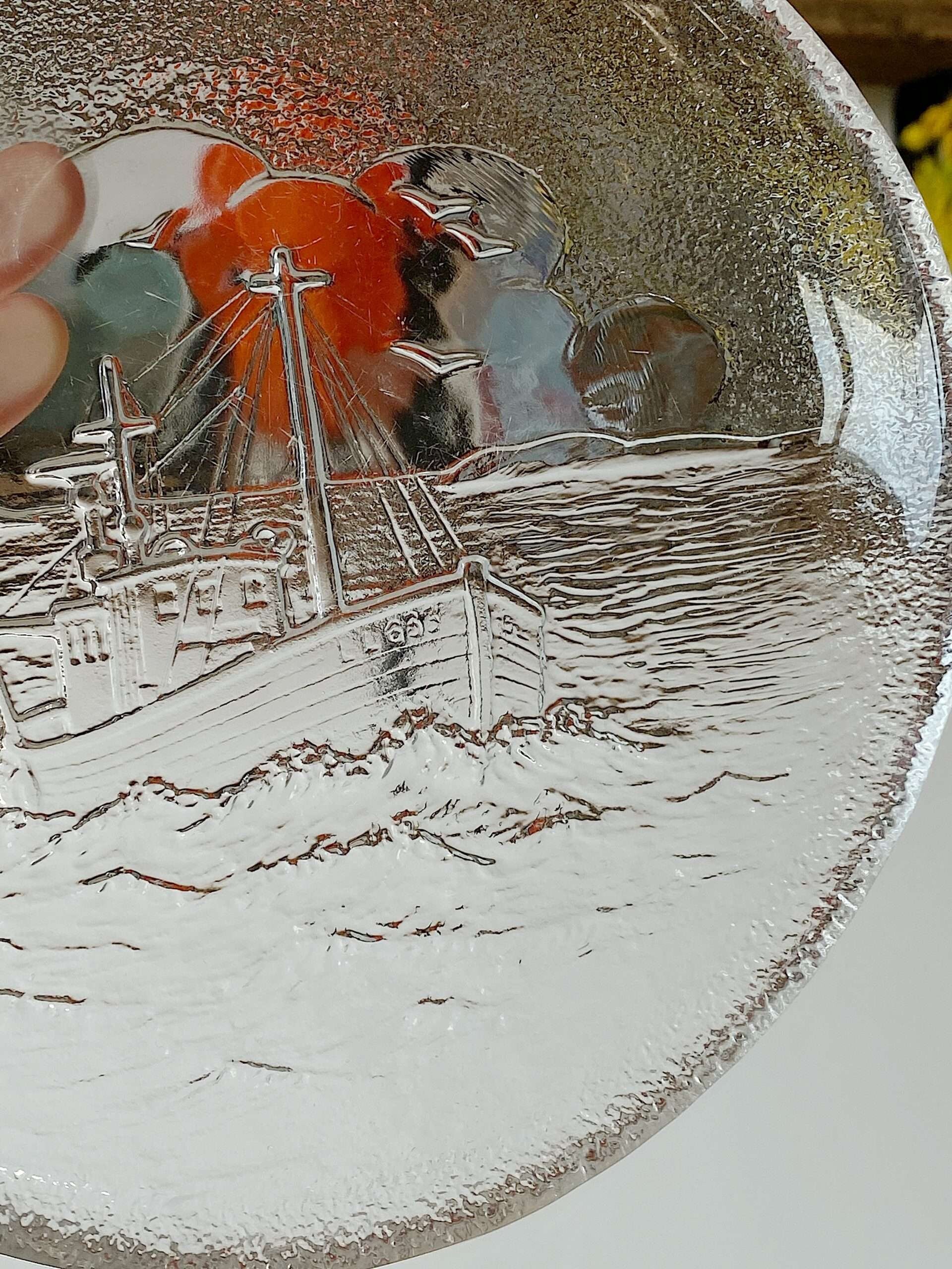 NYBRO Vintage Mid Century Art Glass Plate With Fishing Boat View / 19 ...