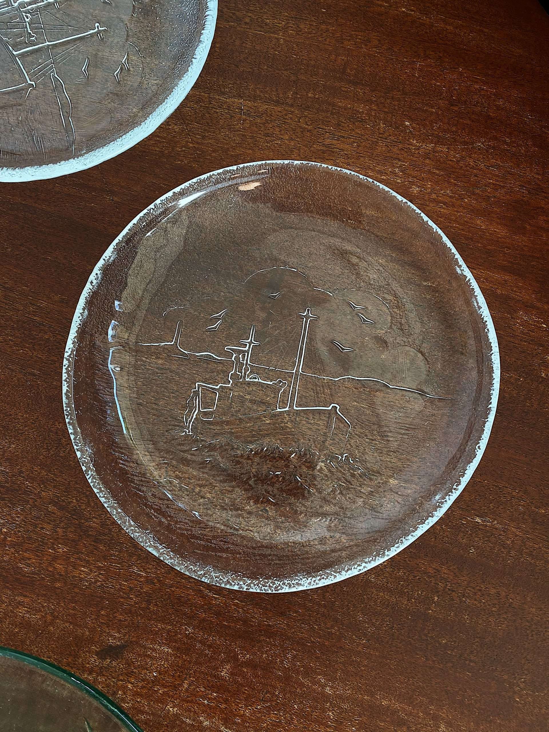 NYBRO Vintage Mid Century Art Glass Plate With Fishing Boat View / 19 ...