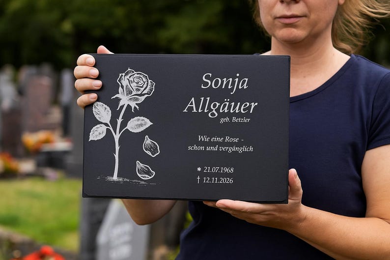 Sad Rose - Urn Gravestone, Memorial Plaque Natural Slate, With Stand ...