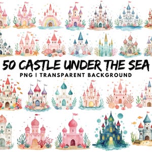50 Watercolor Fairytale Castle Under the Sea Clipart, Princess Castle ...