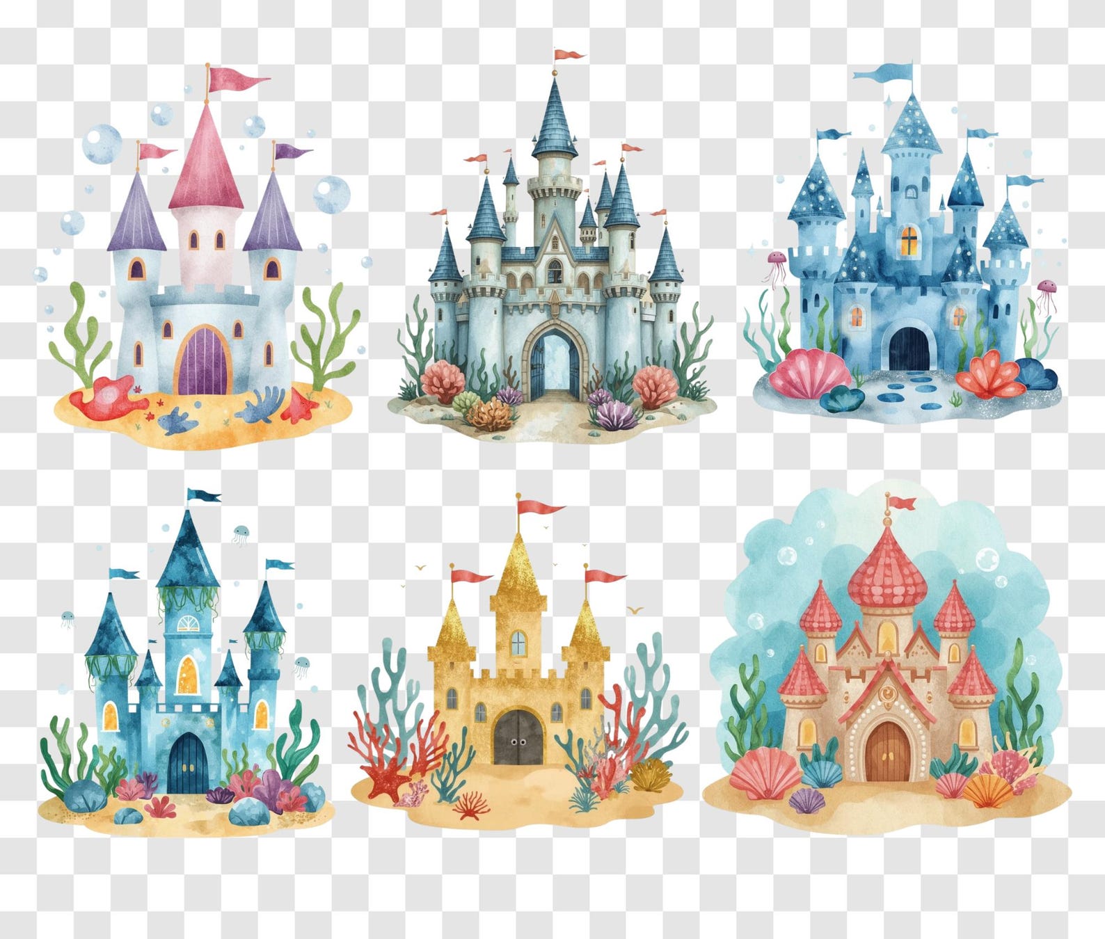 50 Watercolor Fairytale Castle Under the Sea Clipart, Princess Castle ...