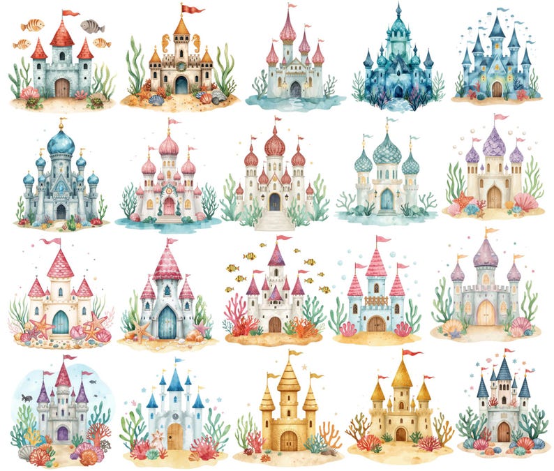 50 Watercolor Fairytale Castle Under the Sea Clipart, Princess Castle ...