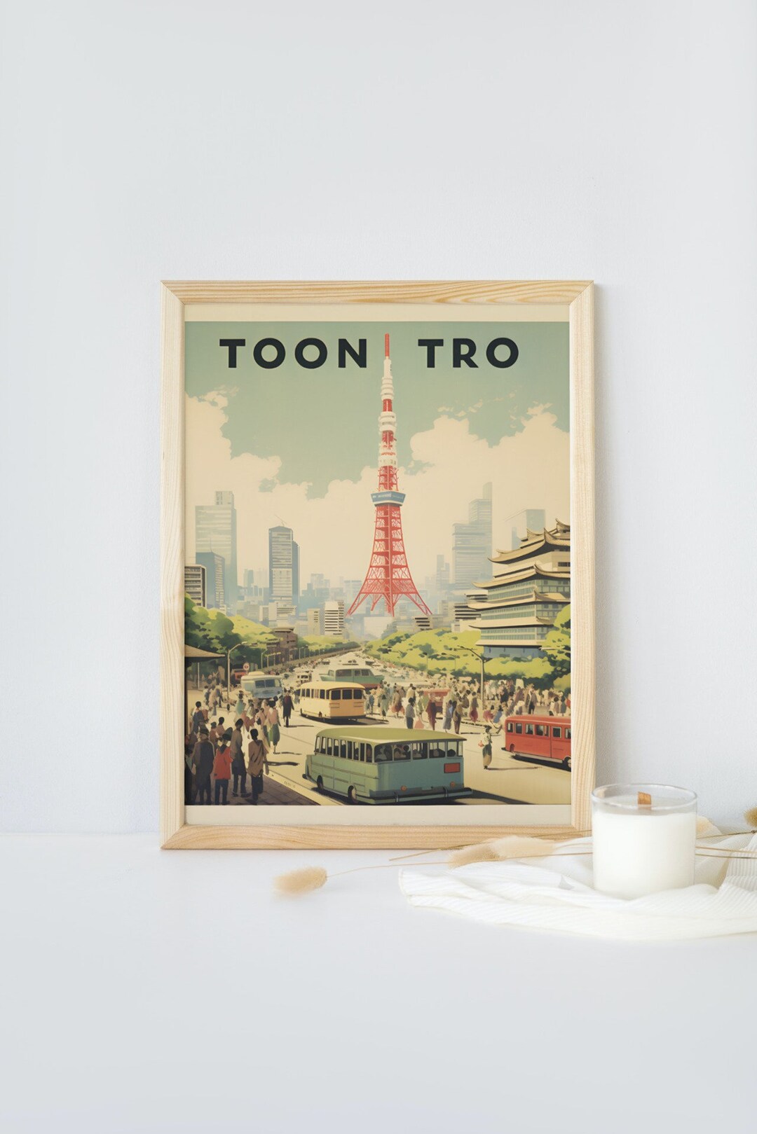 Tokyo Vintage Travel Poster: Tokyo Tower, Senso-ji Temple, and Shibuya ...