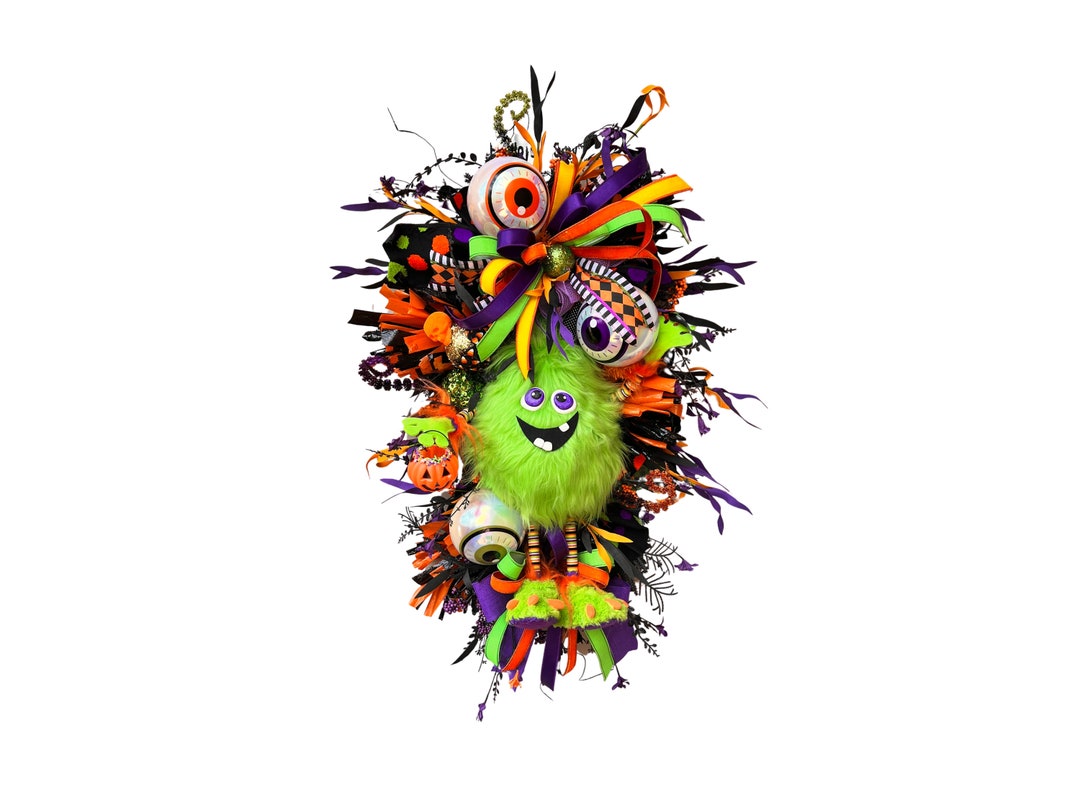 Halloween Monster Swag, Green Furry Door Wreath, Eye Ball Decorations ...