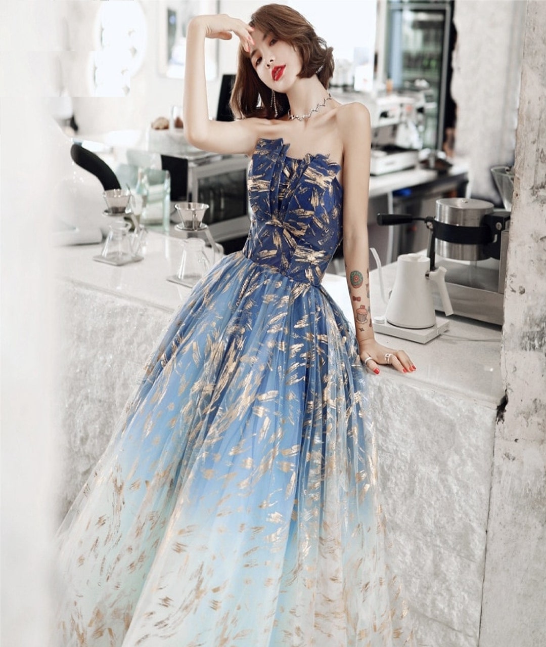 Gradient Blue Ball Gown Gold Printed Formal Dress Fairy Core - Etsy