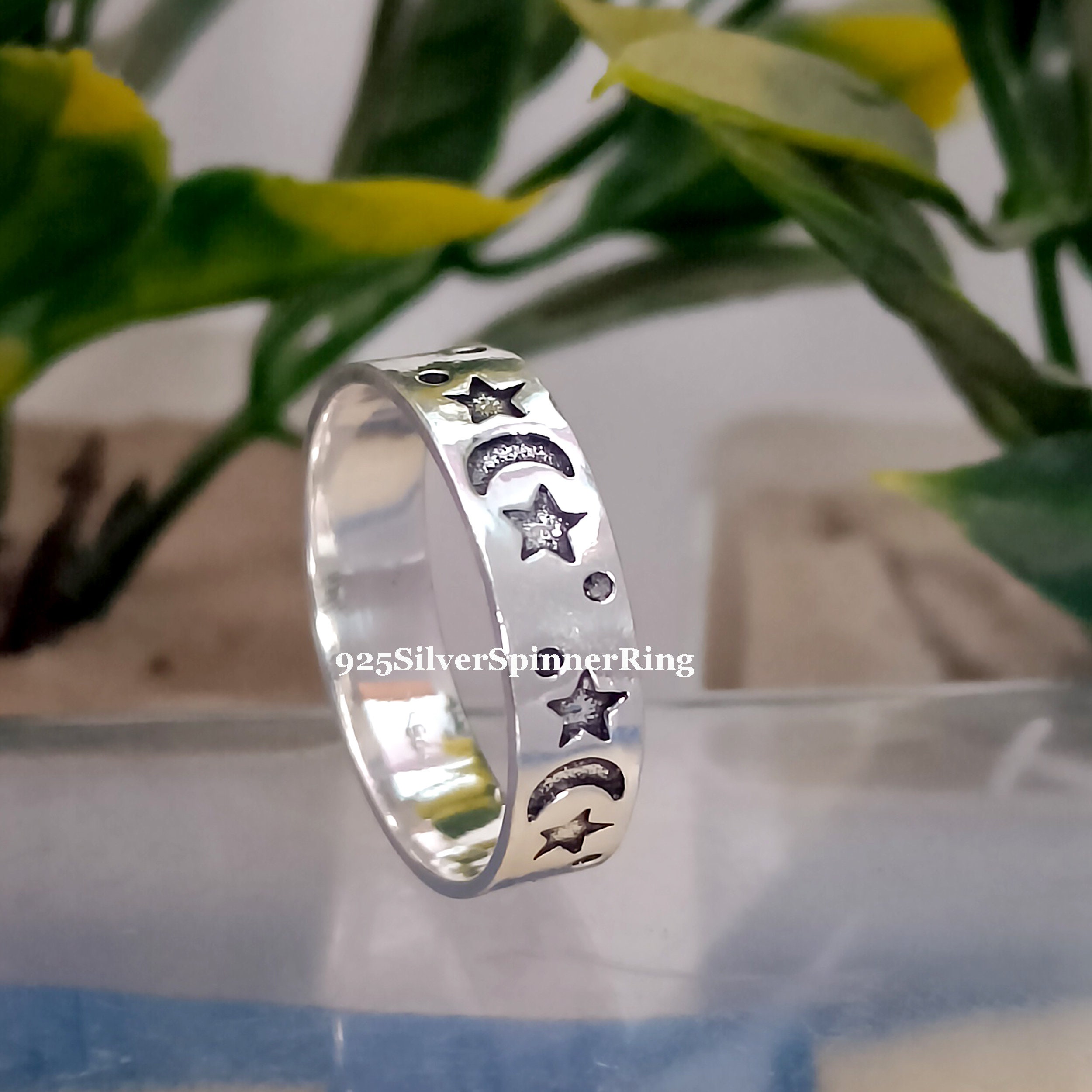 Handmade 925 Sterling Silver Moon & Star Band Ring - Etsy