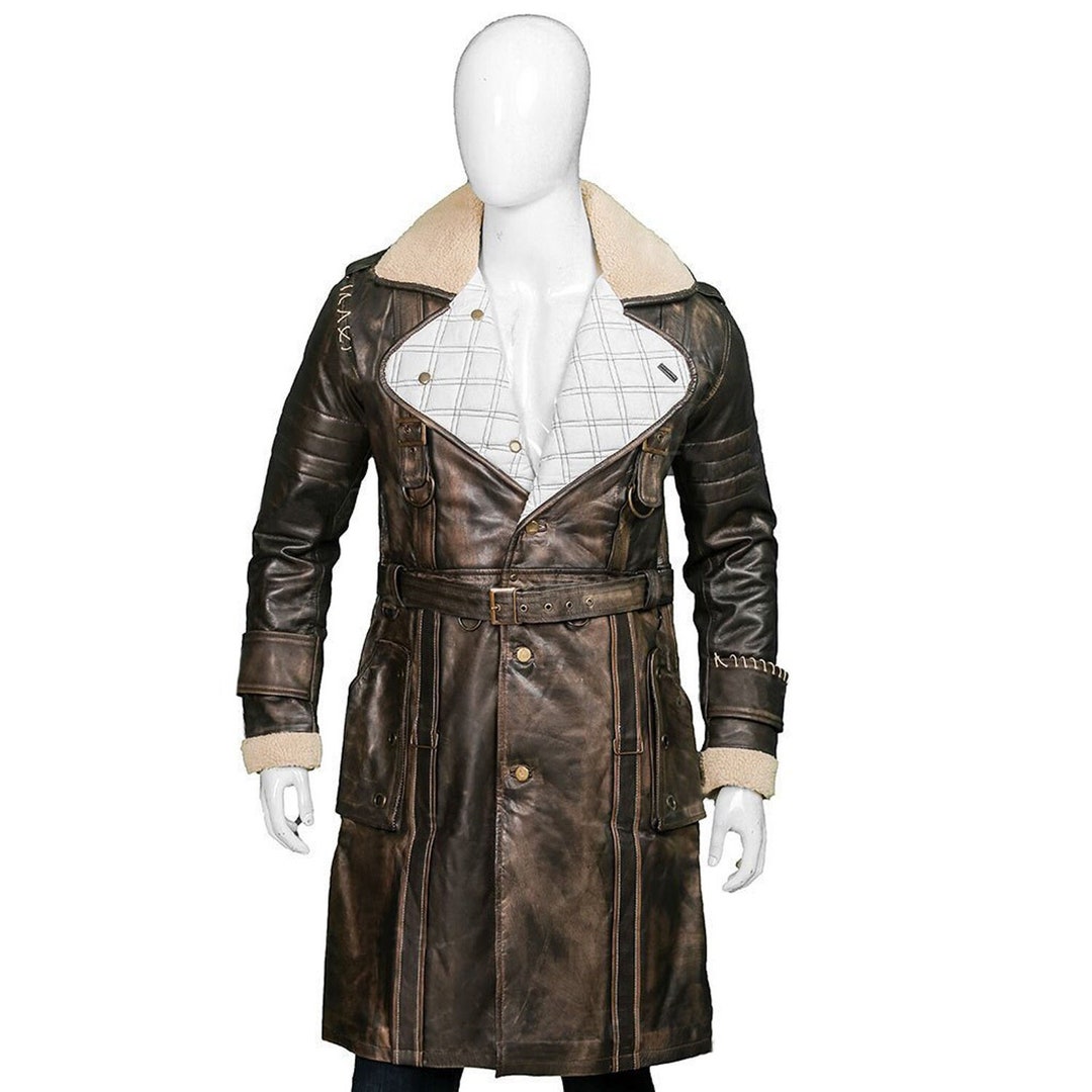 Elder Maxson Fur Collar Long Leather Battle Coat Vintage Brown ...