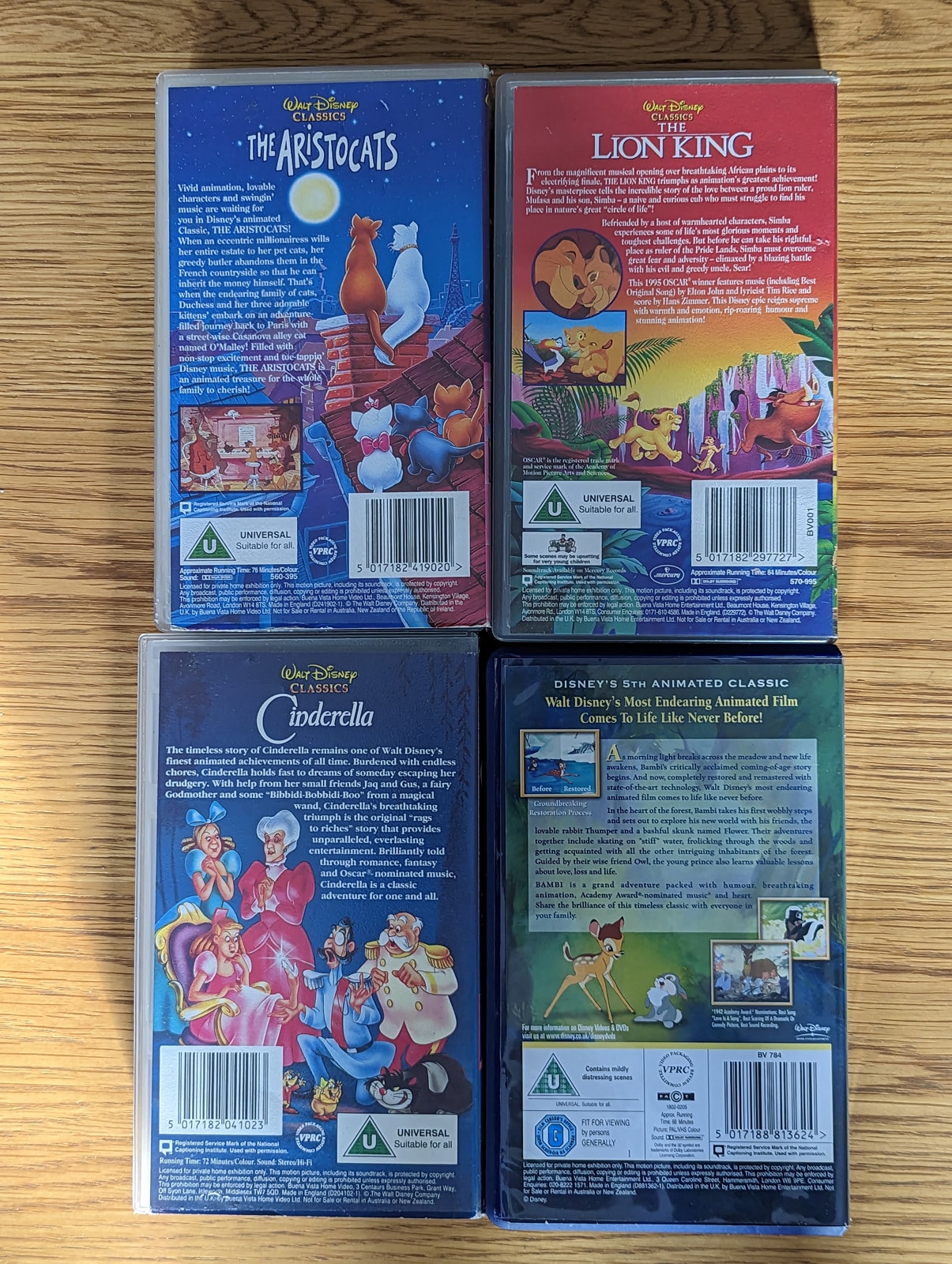 Four Walt Disney VHS Movies the Aristocats, the Lion King, Cinderella ...