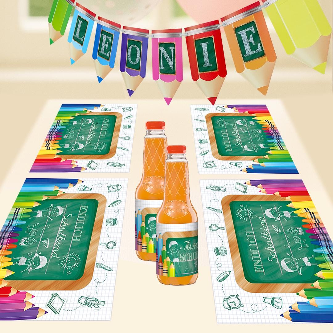 Einschulung Deko Set personalisiert – Girlande mit Name + Tischsets ...