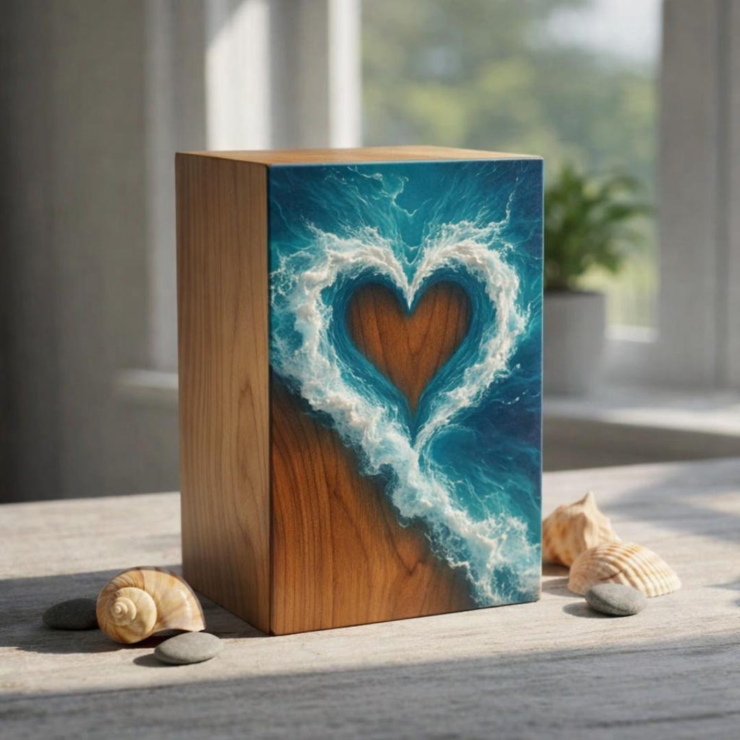 Handcrafted Wooden Cremation Urn Box Ocean Heart Resin Memorial ...