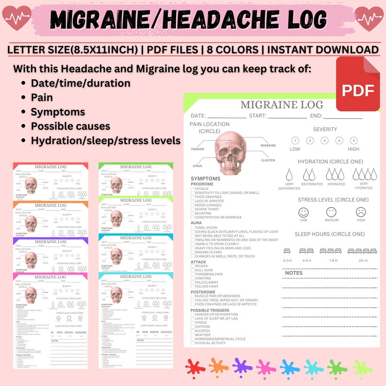 Migraine Log Headache Tracker Journal symptom Log Instant PDF Download ...