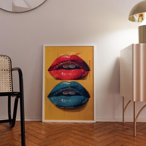 Bold Pop Art Lips Print, Modern Kiss Lips Poster, Blue and Red Lips ...