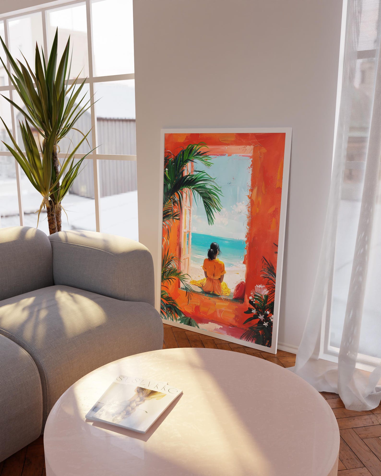 Tropical Beach Window Art Print, Vibrant Wall Decor, Colorful Ocean ...