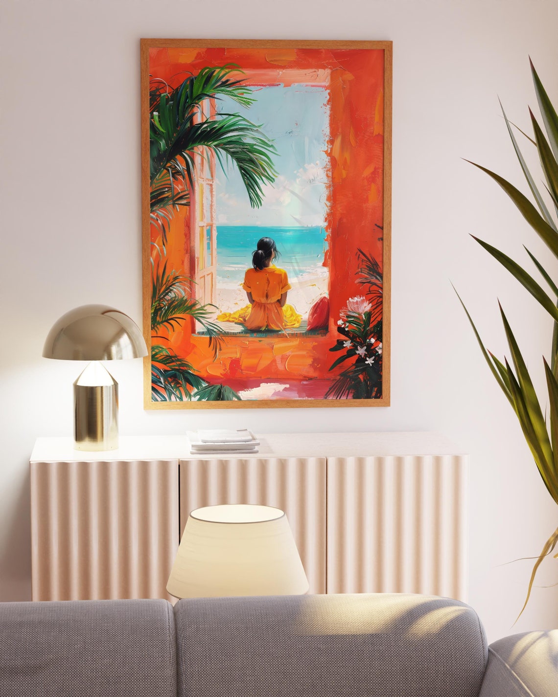 Tropical Beach Window Art Print, Vibrant Wall Decor, Colorful Ocean ...