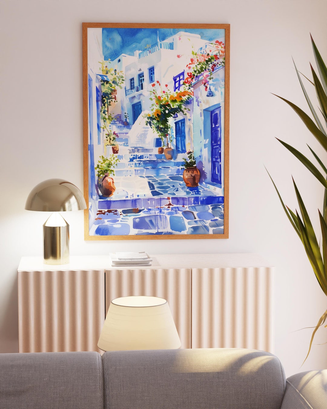 Mediterranean Street Scene Watercolor Print, Bright Mediterranean ...