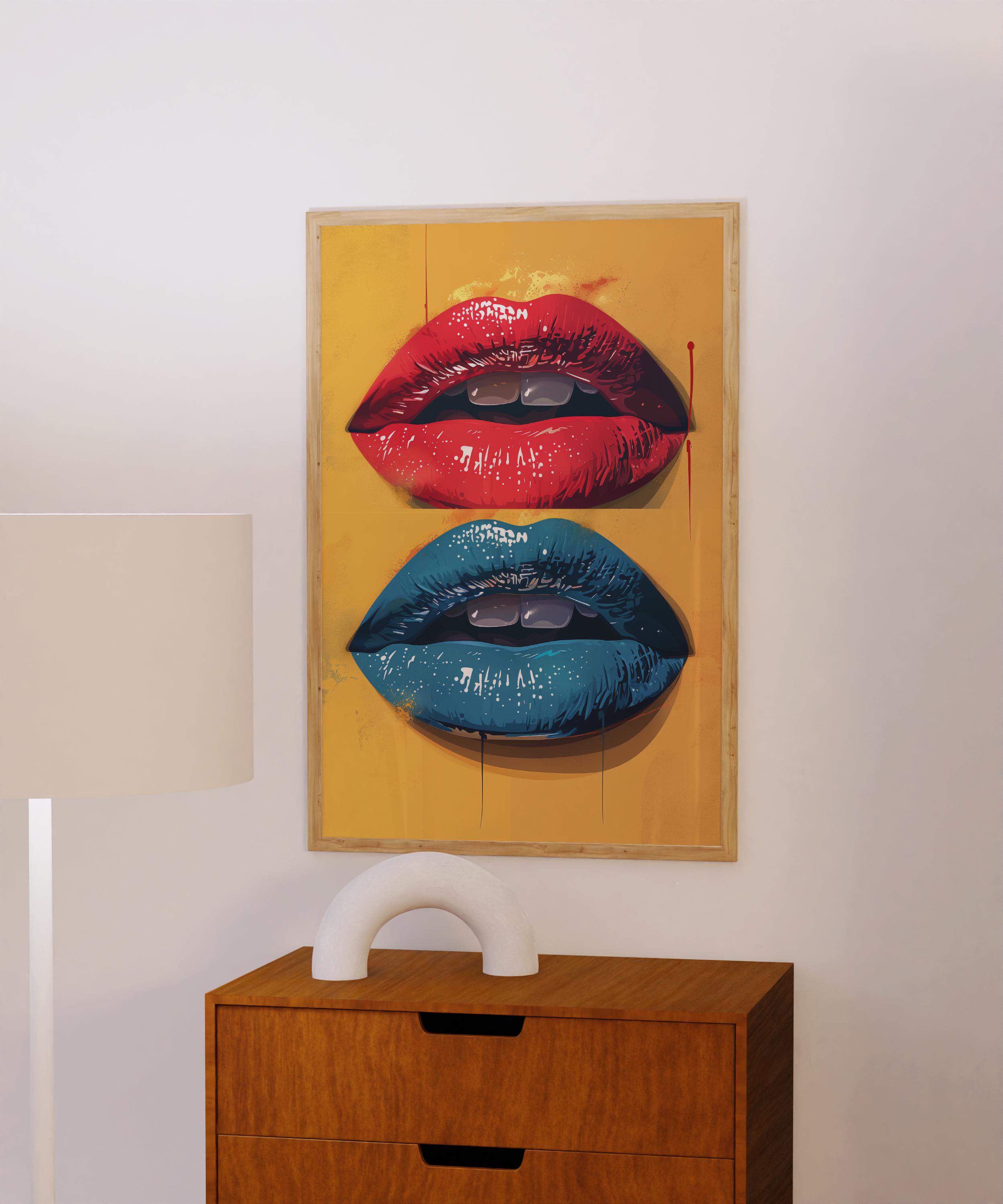Bold Pop Art Lips Print, Modern Kiss Lips Poster, Blue and Red Lips ...
