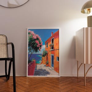 Mediterranean Coastal Scene Poster, Colorful Seaside Art Print, Vibrant ...