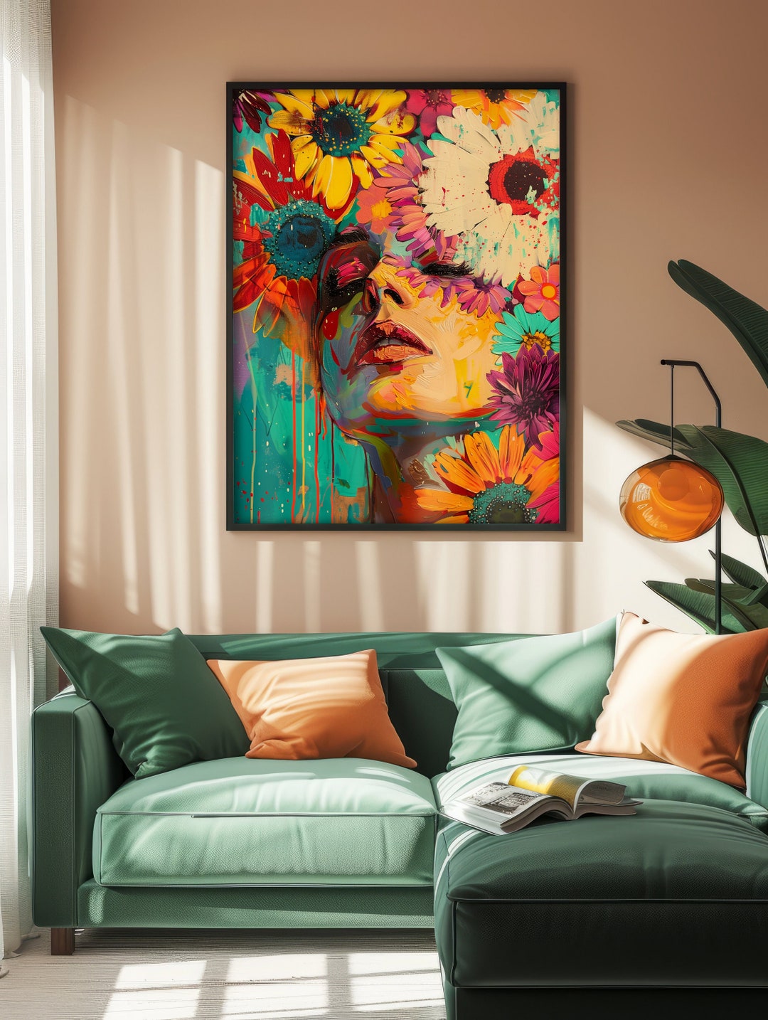 Colorful Flower Hippie Girl, 70s Gouache Art Print, 70s Decor, 70s ...