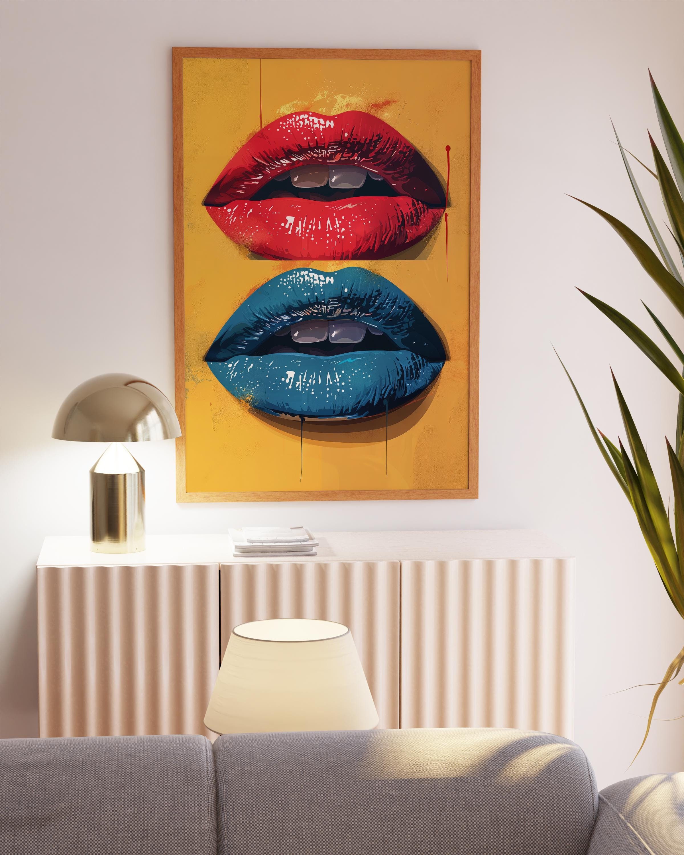 Bold Pop Art Lips Print, Modern Kiss Lips Poster, Blue and Red Lips ...