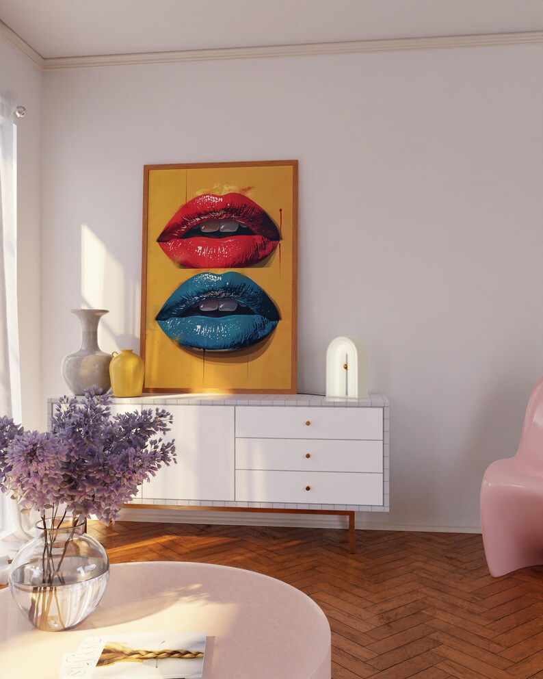 Bold Pop Art Lips Print, Modern Kiss Lips Poster, Blue and Red Lips ...