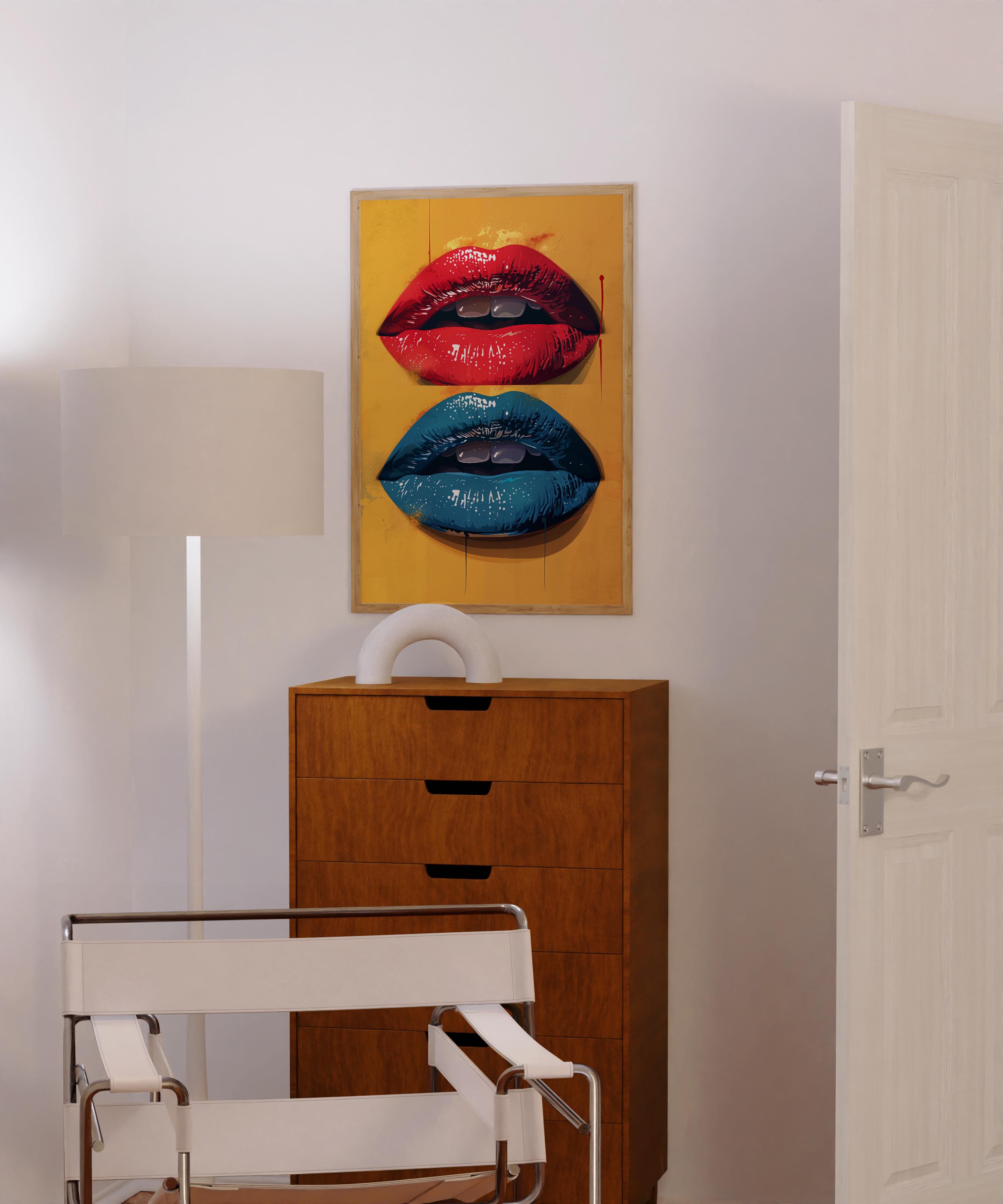Bold Pop Art Lips Print, Modern Kiss Lips Poster, Blue and Red Lips ...