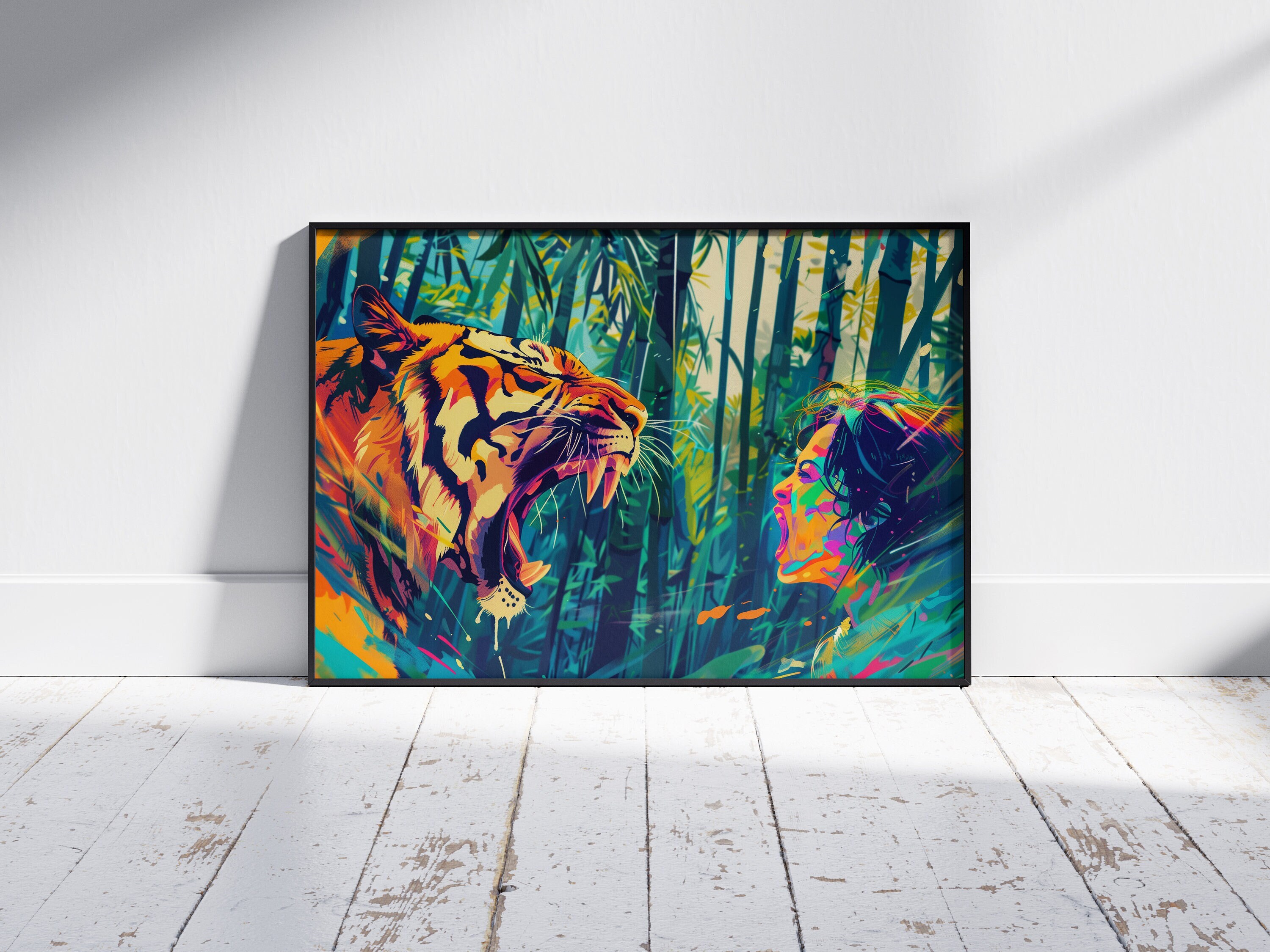 Printed ROAR Wall Art, Tiger an a Woman in the Jungle, Vibrant Colors ...