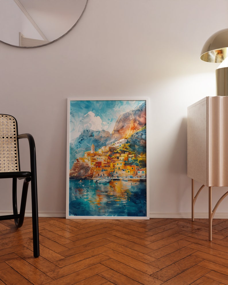 Mediterranean Village Landscape, Printed Hilltop & City Harbor Boats ...