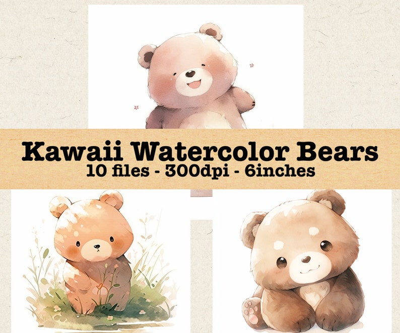 Watercolor Kawaii Bears Clipart Set | PNG Bundle | Instant Download for ...