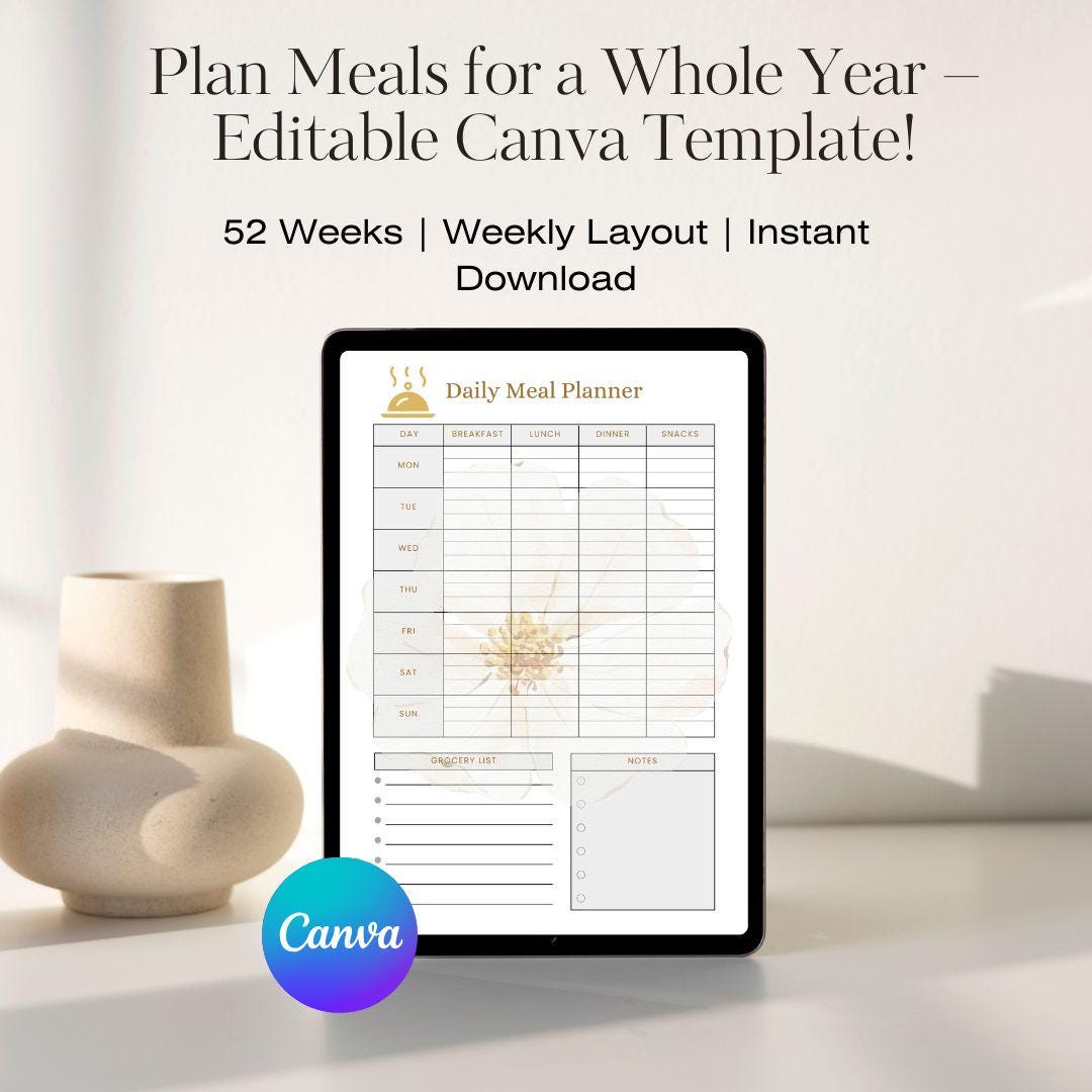 Meal Planner Canva Template – 52-week Digital Meal Prep Organizer ...