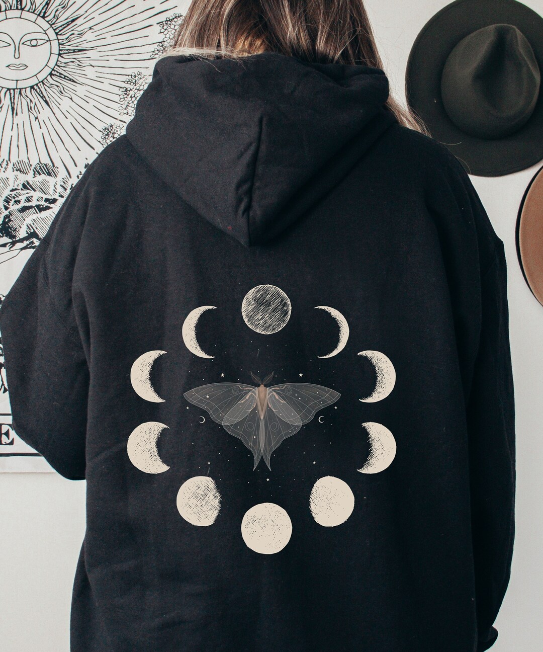 Moth Hoodie Back Moon Phases Luna Moth Celestial Goblincore - Etsy