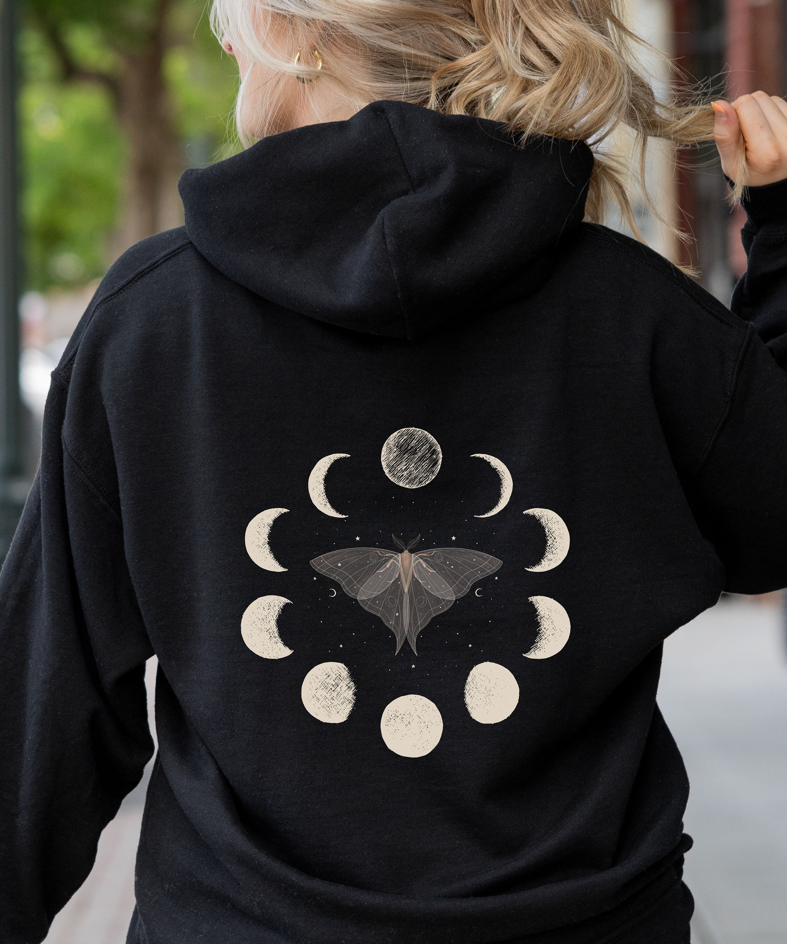 Moth Hoodie Back Moon Phases Luna Moth Celestial Goblincore - Etsy