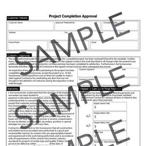 Construction Project Completion Form for Customer Approval, Release of ...