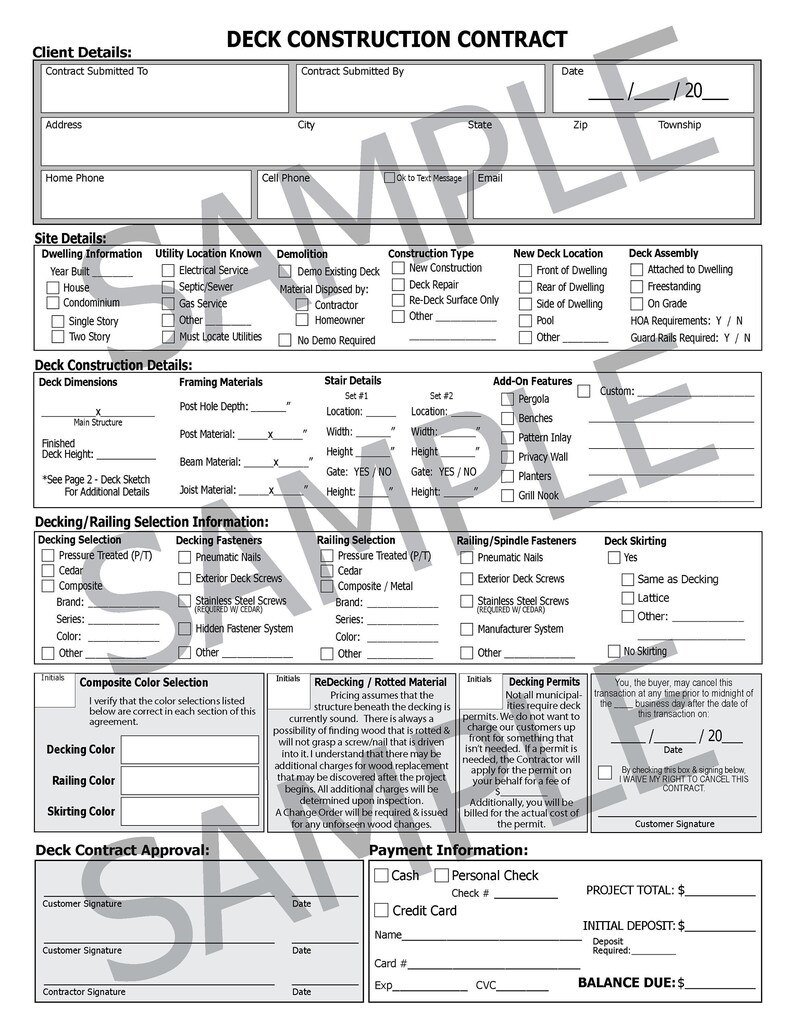Detailed Deck Construction Contract - New or Remodel - Contractor ...