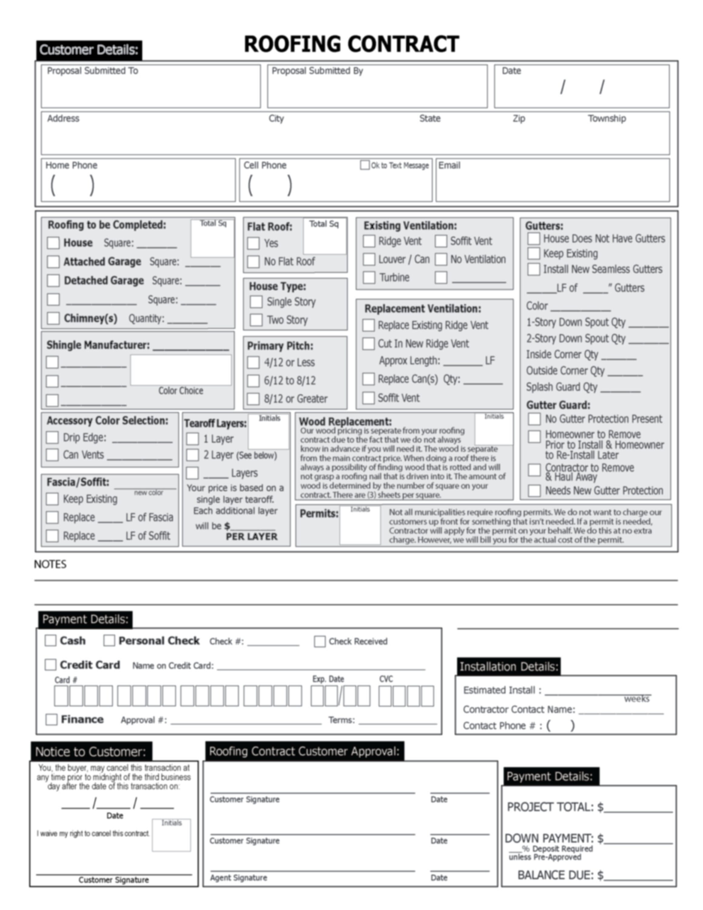 Professional Roofing Contract Template With Roof Sketch and Terms for ...