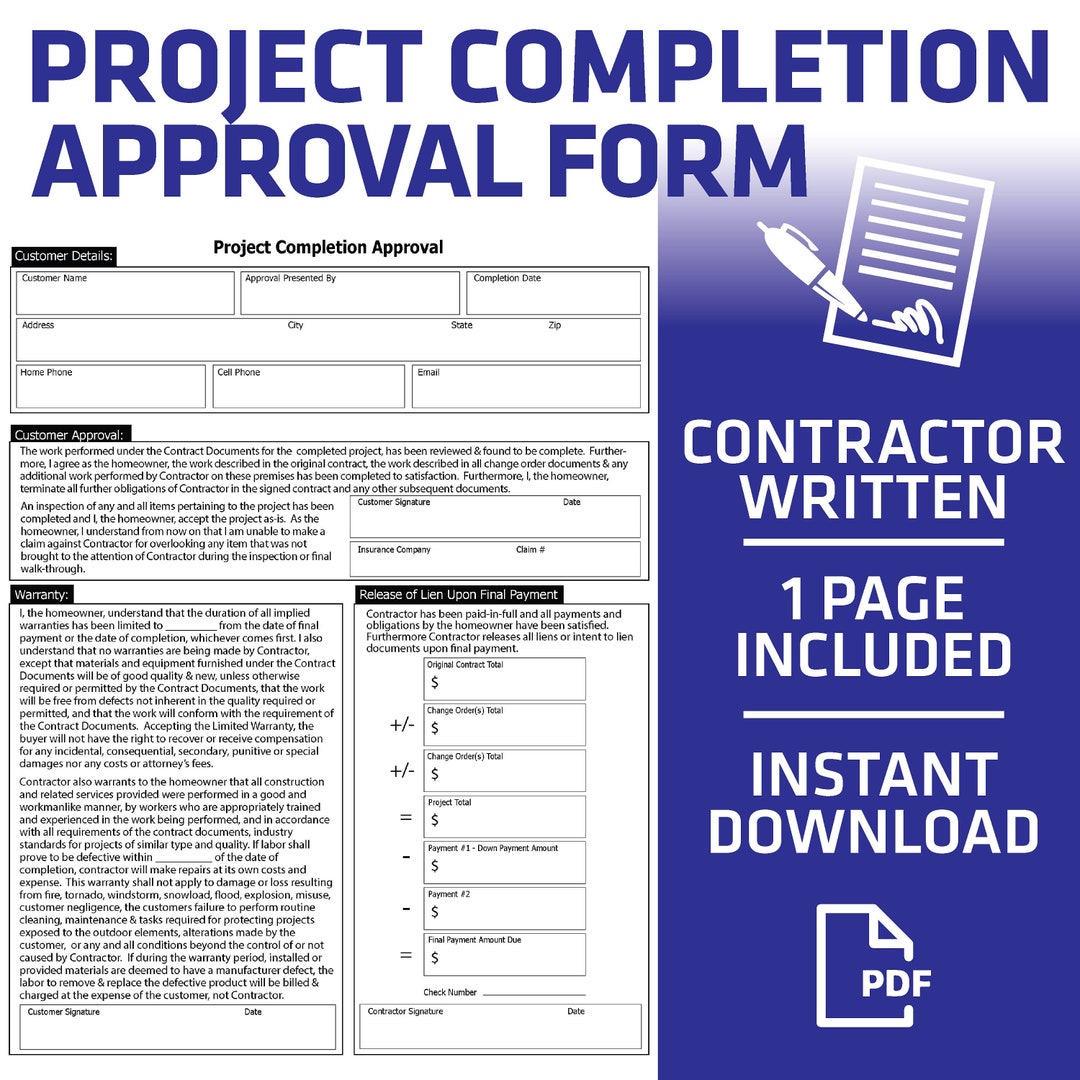 Construction Project Completion Form for Customer Approval, Release of ...