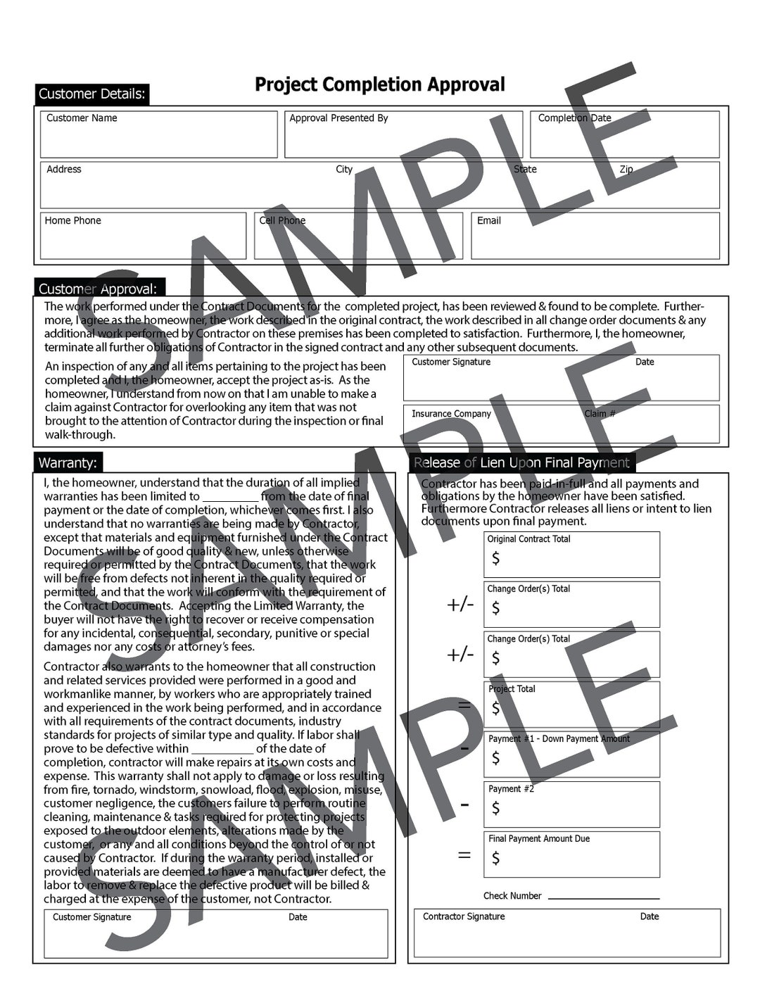 Construction Project Completion Form for Customer Approval, Release of ...