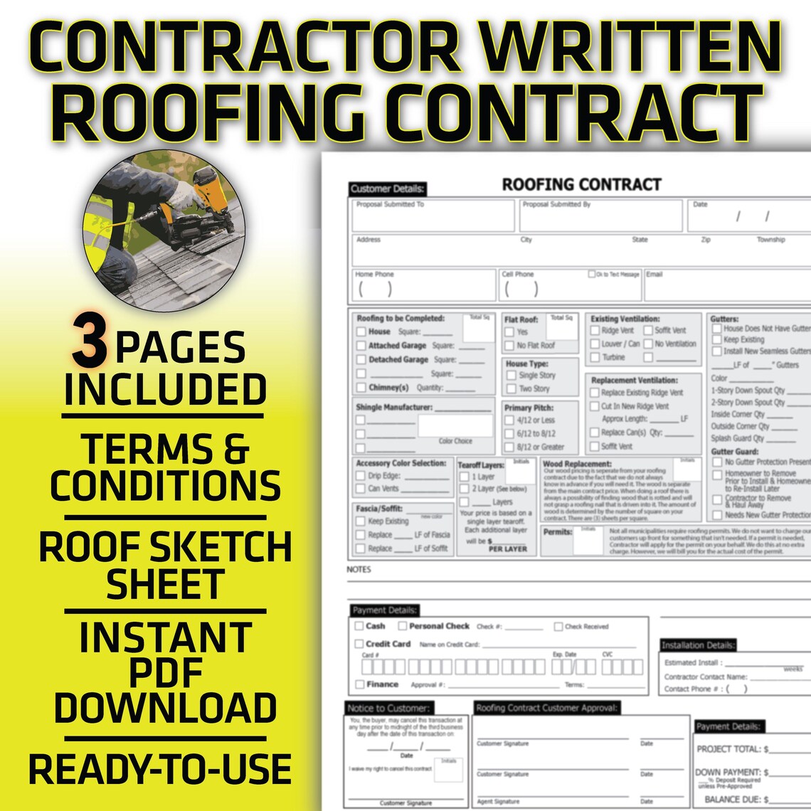 Detailed Roofing Contract PLUS Terms/conditions Sheet and Roof Sketch ...