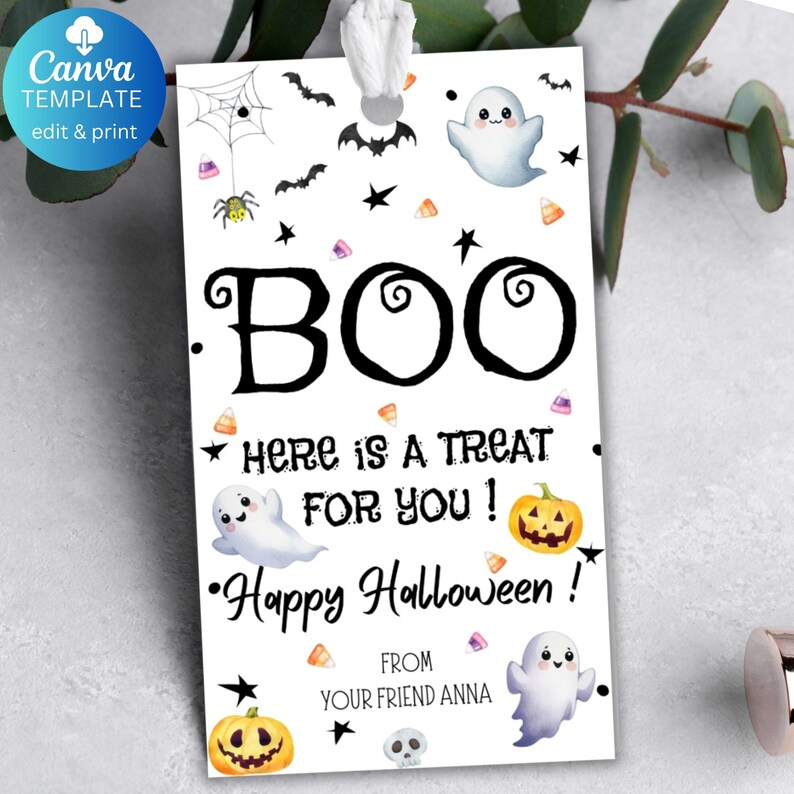 Editable Spooky Ghost Halloween Favor Tags: Printable Canva Template ...