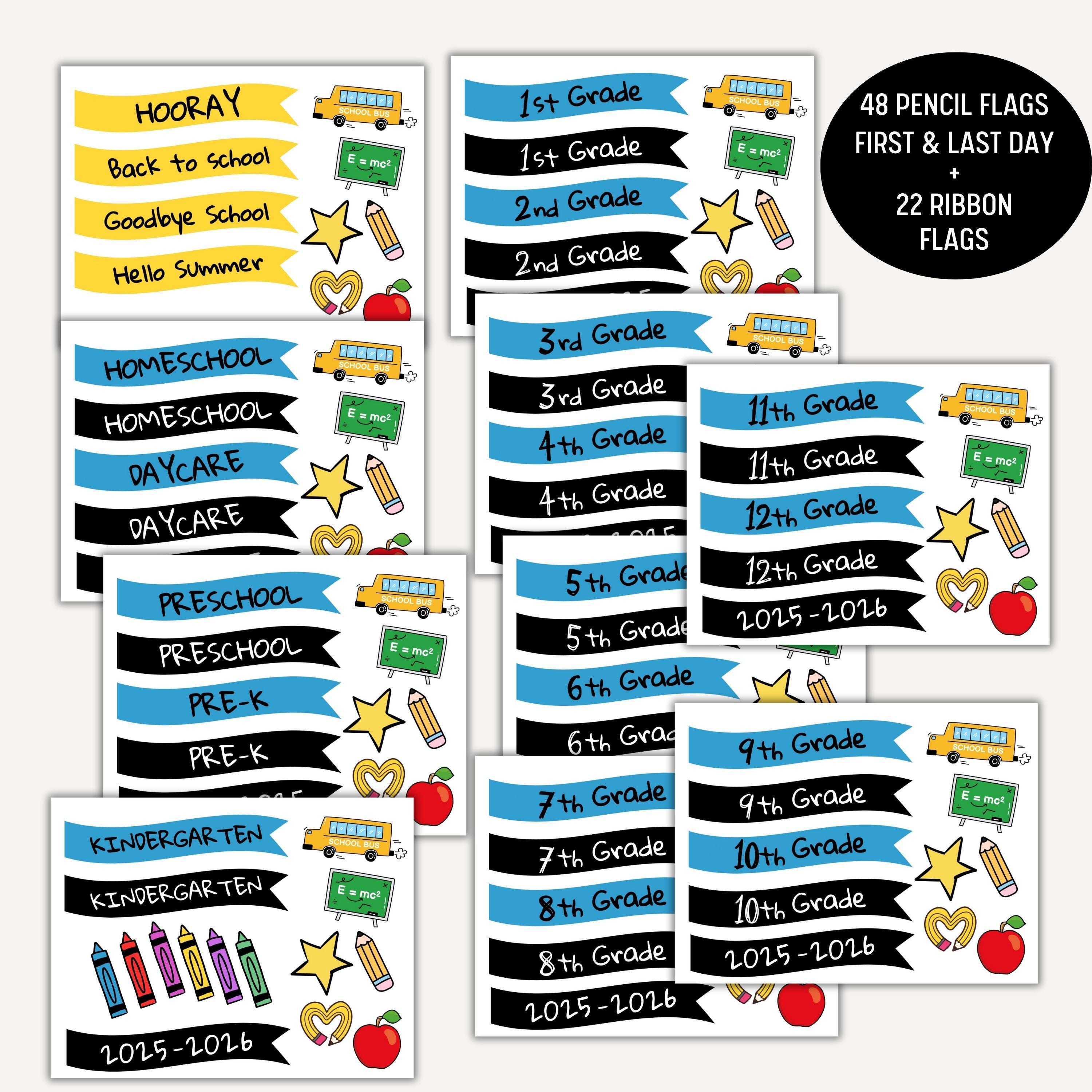 First Last Day of School Flags Preschool-6th Grade Bundle Printable ...
