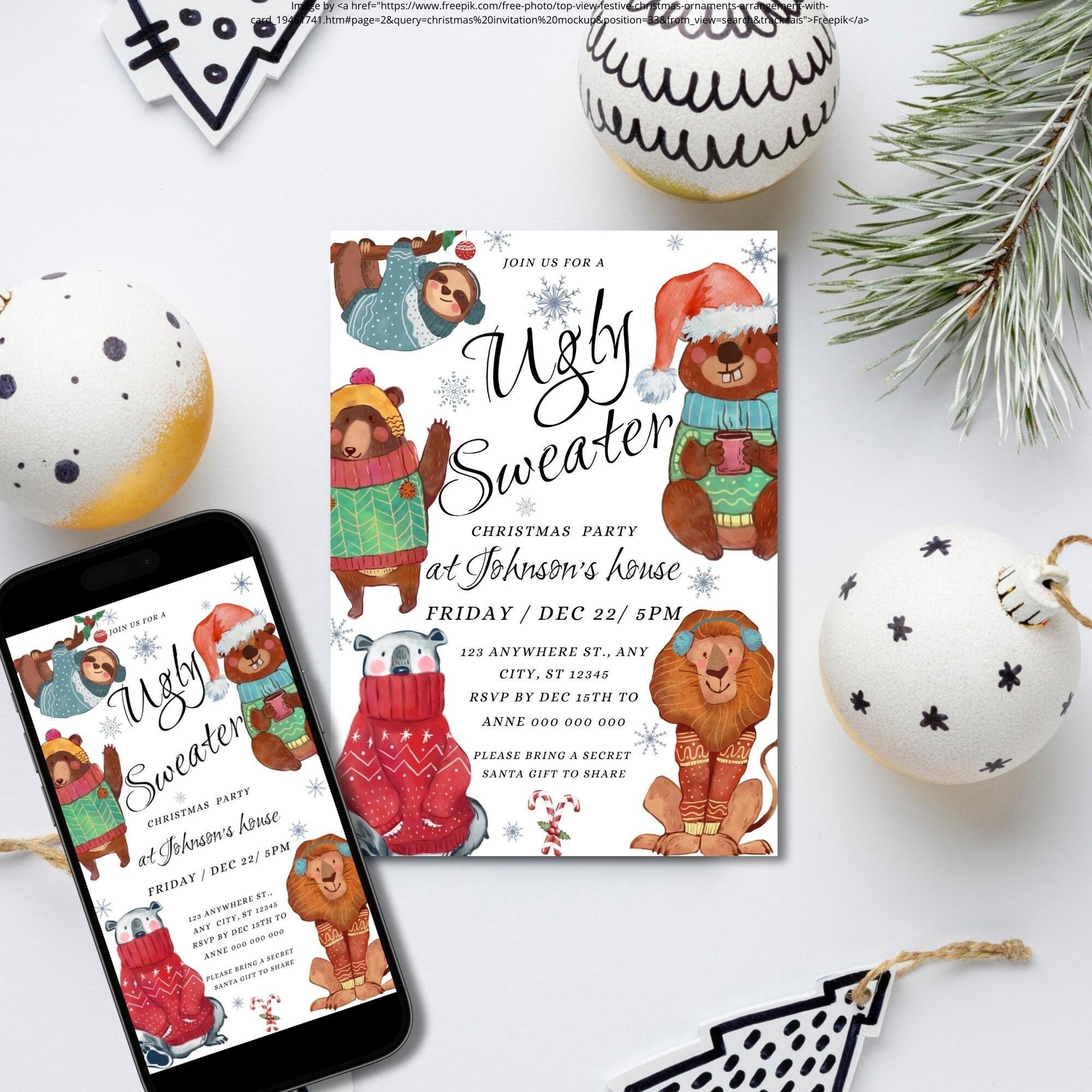 Editable Ugly Sweater Christmas Party Invitation Canva Template ...