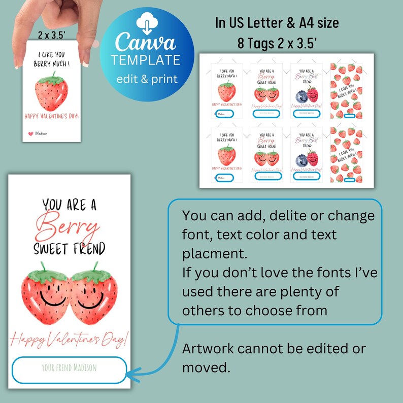 Editable Berry Valentines Gift Tags Valentine You Are Berry Frend Tag ...