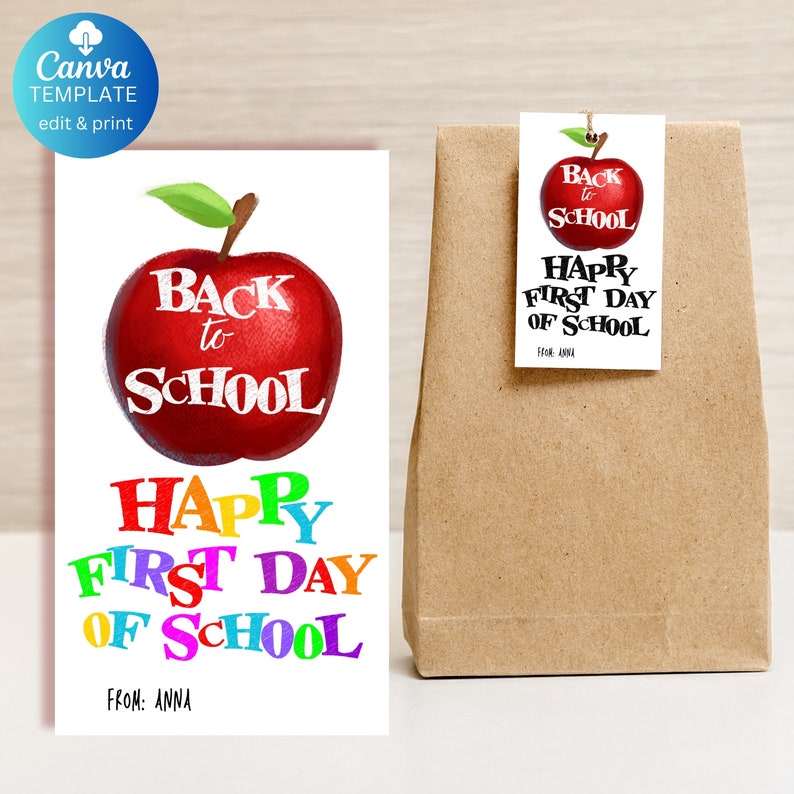 Back to School Apple Gift Tag Printable Template, Editable 1st First ...