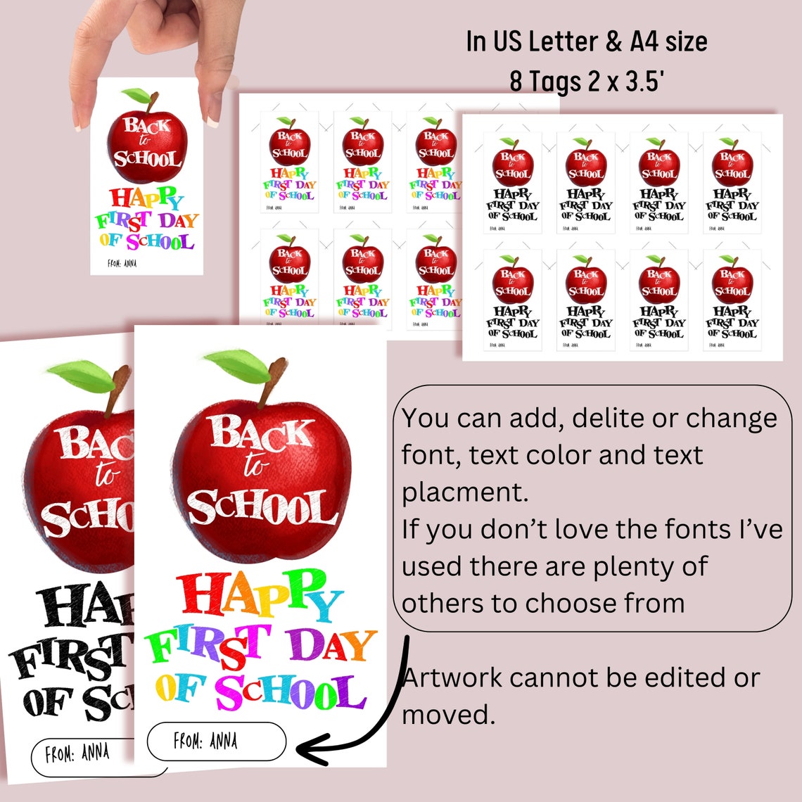 Back to School Apple Gift Tag Printable Template, Editable 1st First ...