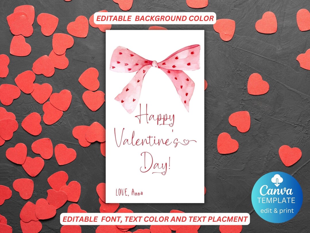 Pink Heart Bow Valentines Day Printable Gift Tag Template, Classroom ...