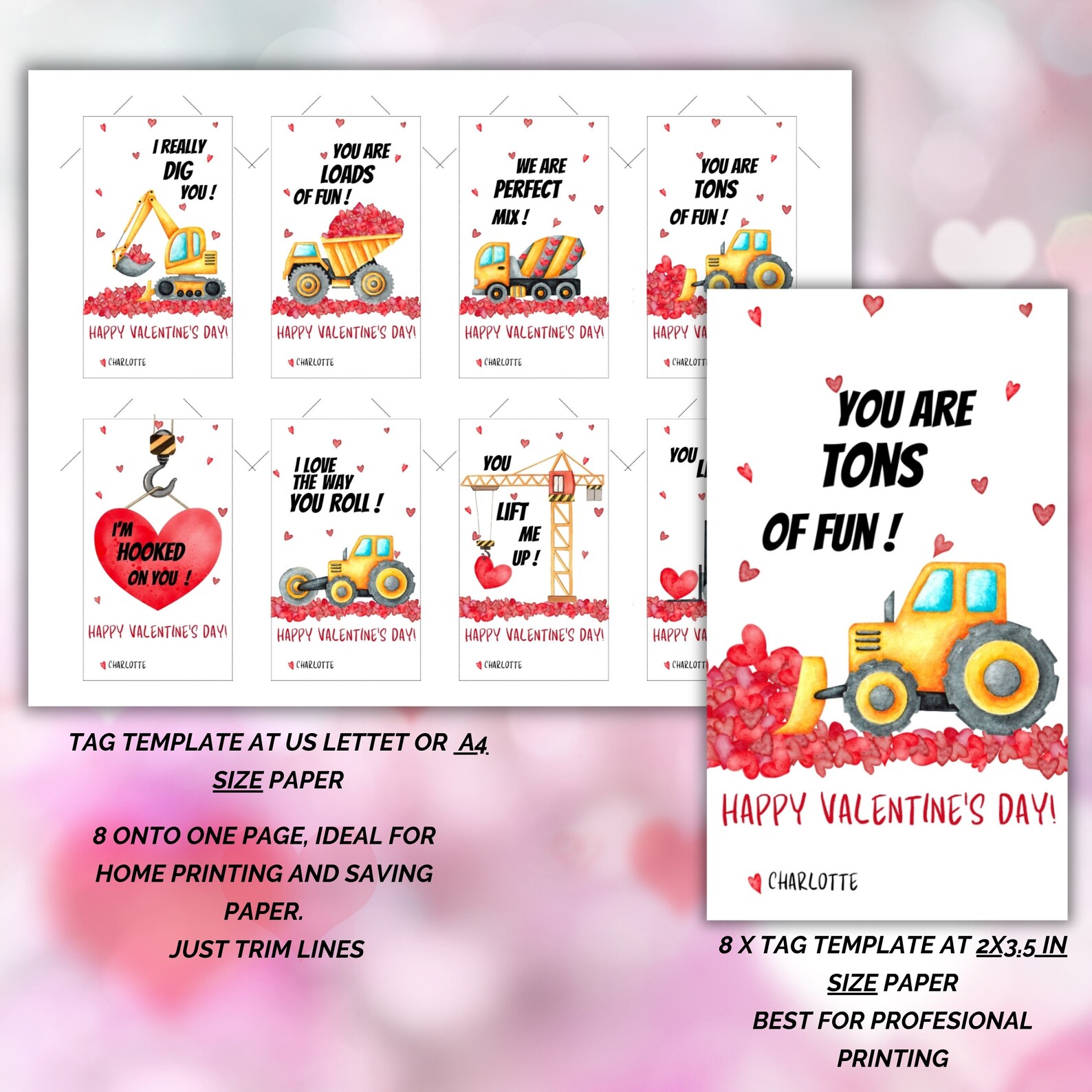 Editable Construction Valentine's Day Tags Kids Valentines Boy Dump ...