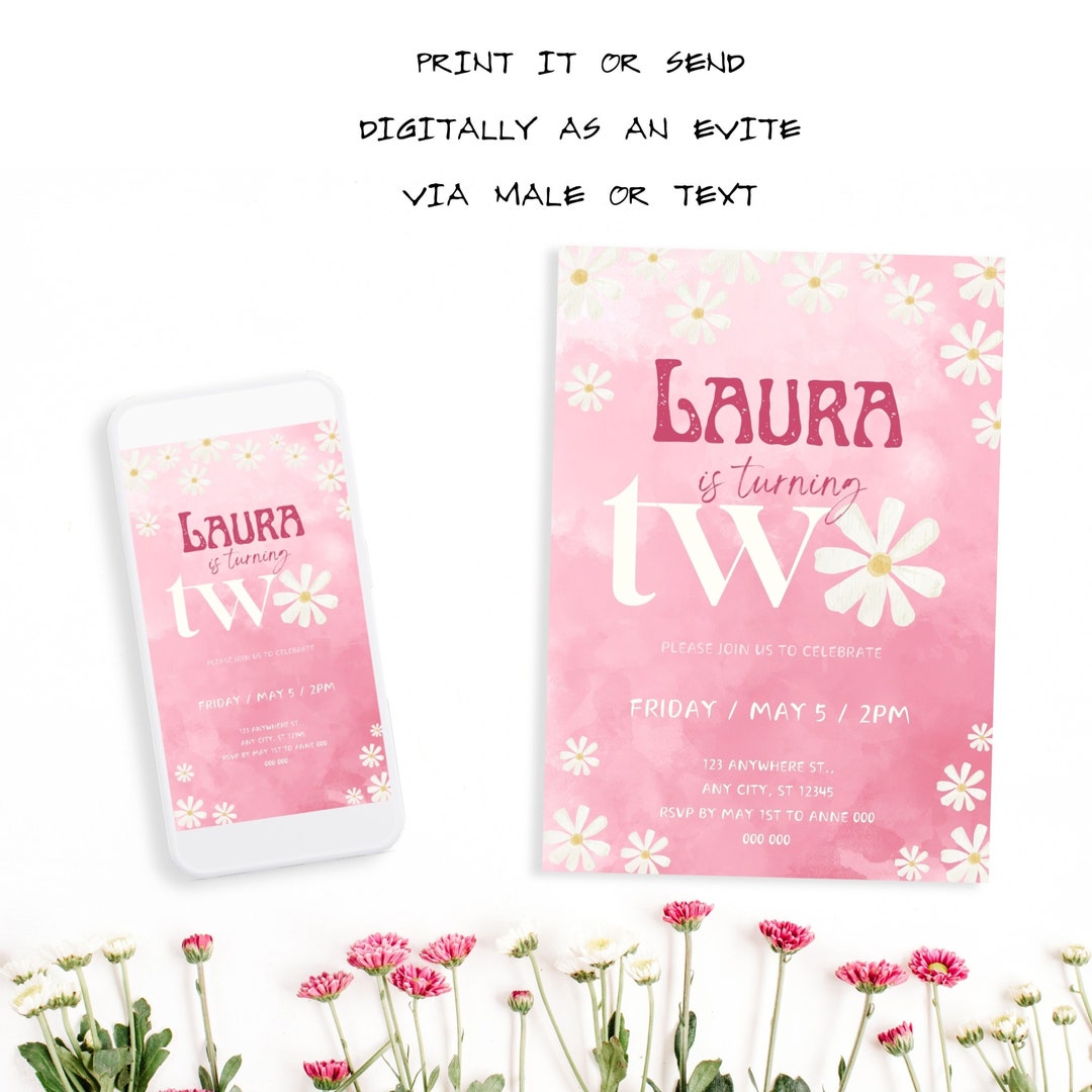 Pink Daisy Birthday Invitation, Boho Daisy Second Girl Birthday Party ...