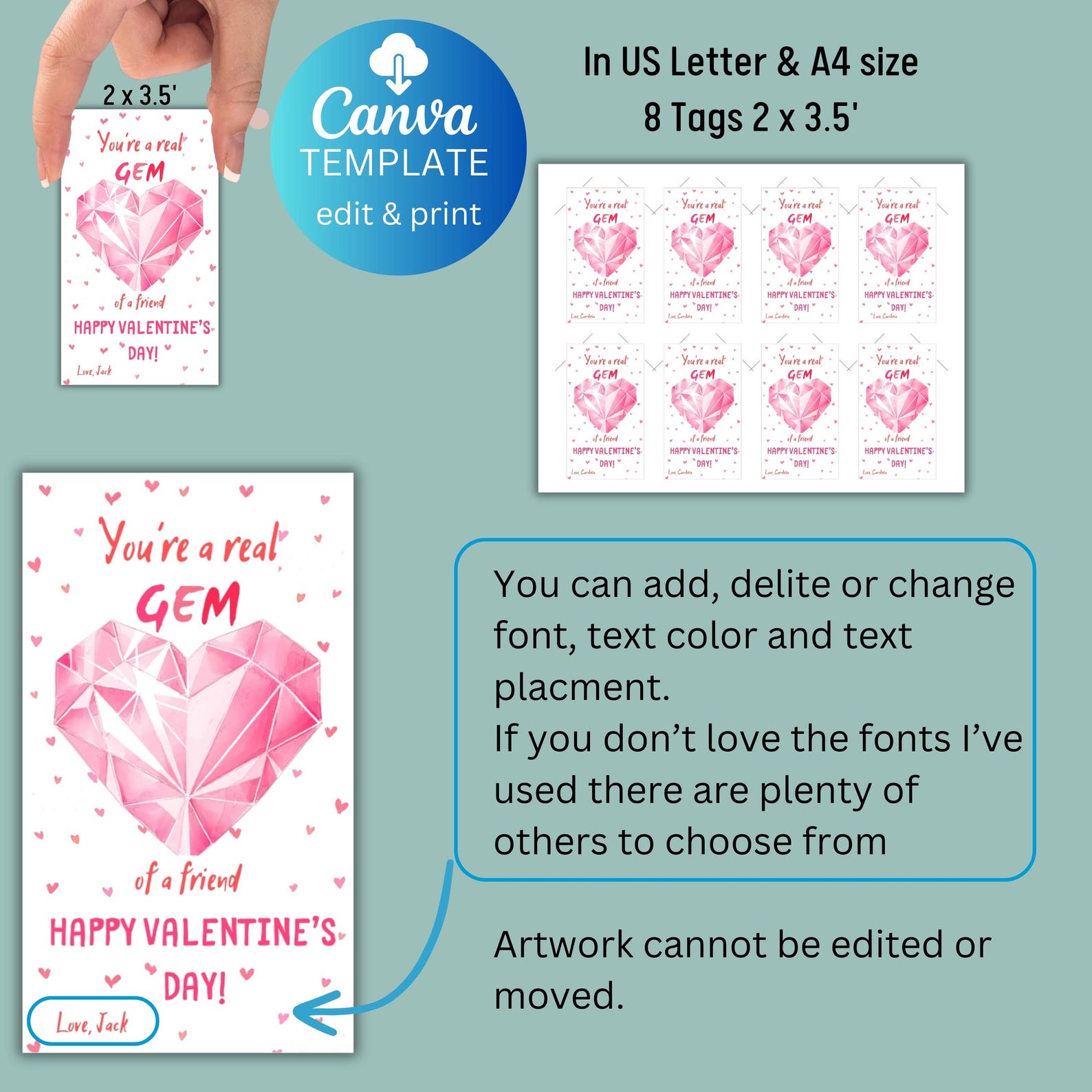 Valentines Gem Gift Tag Editable Template, You're A Real Gem of a ...