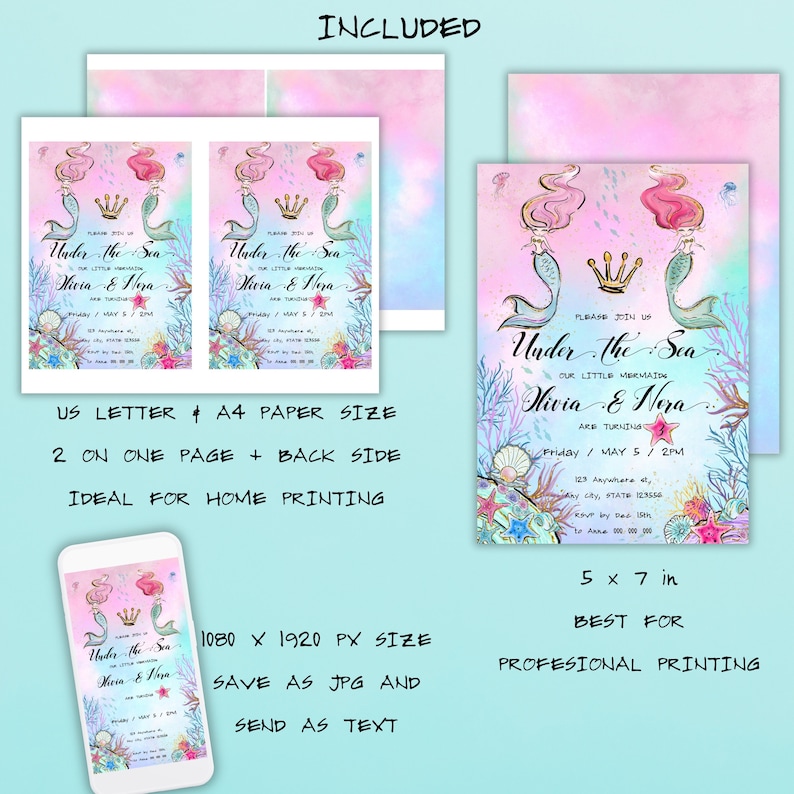 Editable Pink Twin Mermaids Birthday Invite, Two Mermaids Twins ...