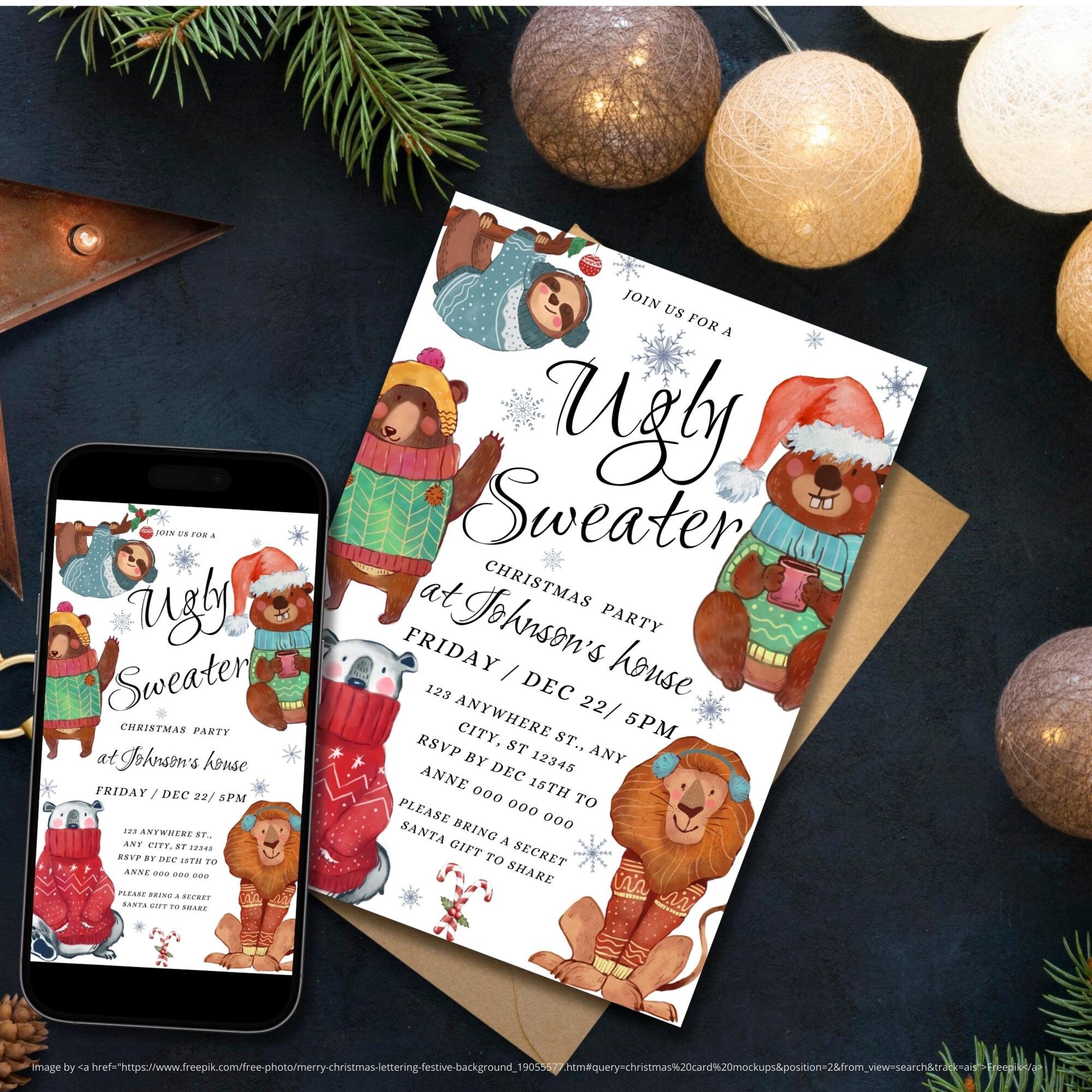 Editable Ugly Sweater Christmas Party Invitation Canva Template ...